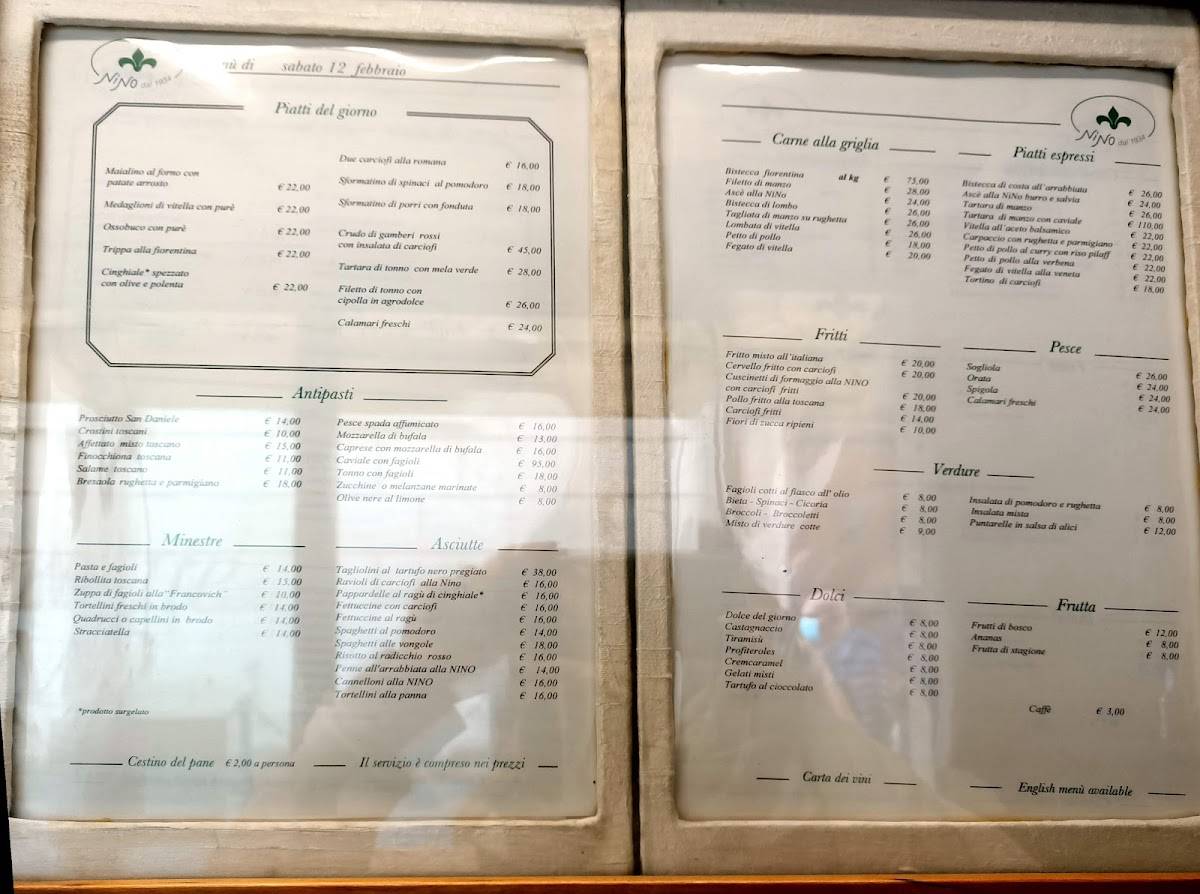 Menu at Ristorante Nino, Rome, Via Borgognona