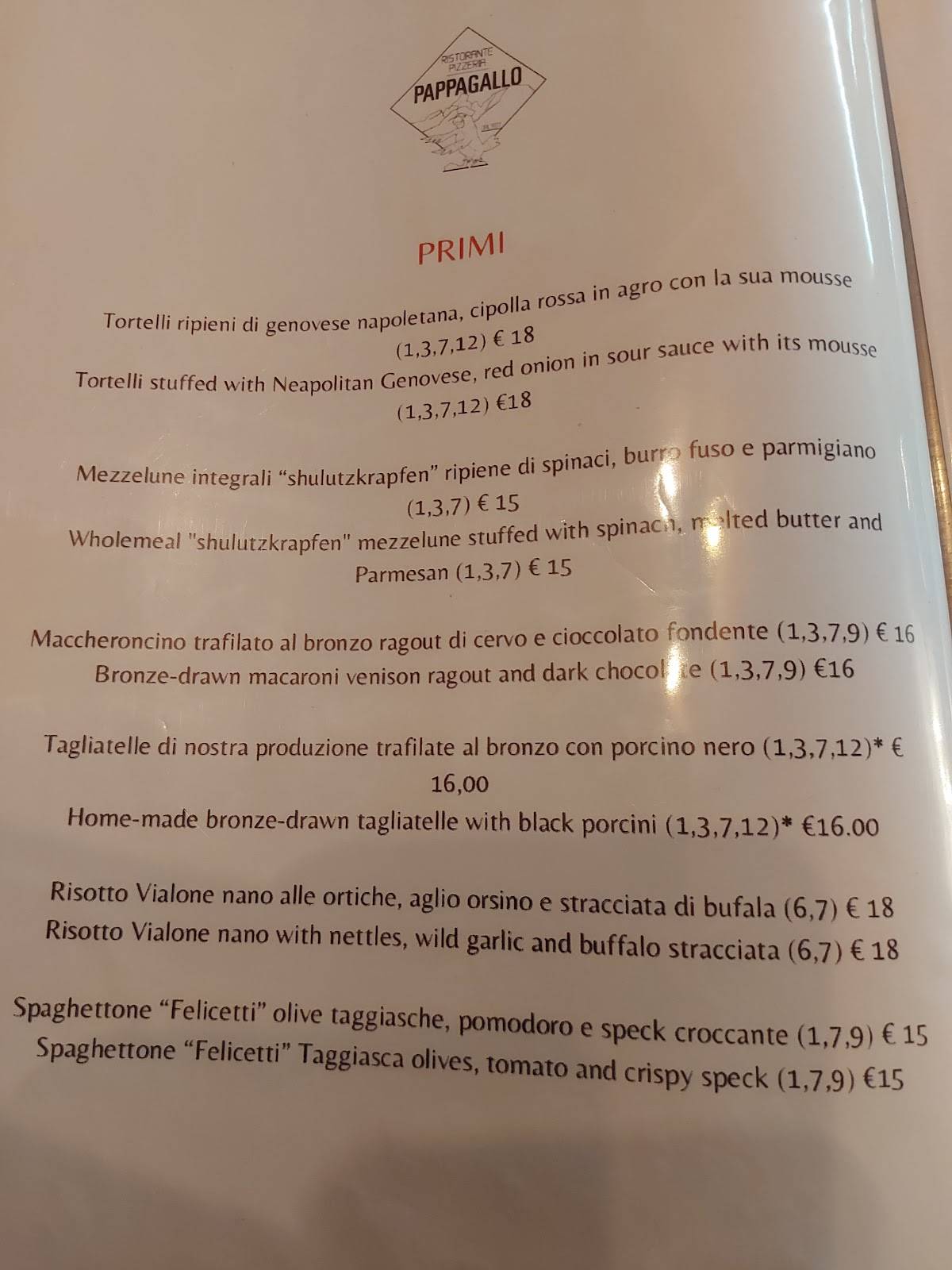 Carta de Ristorante Pizzeria al Pappagallo, Madonna di Campiglio