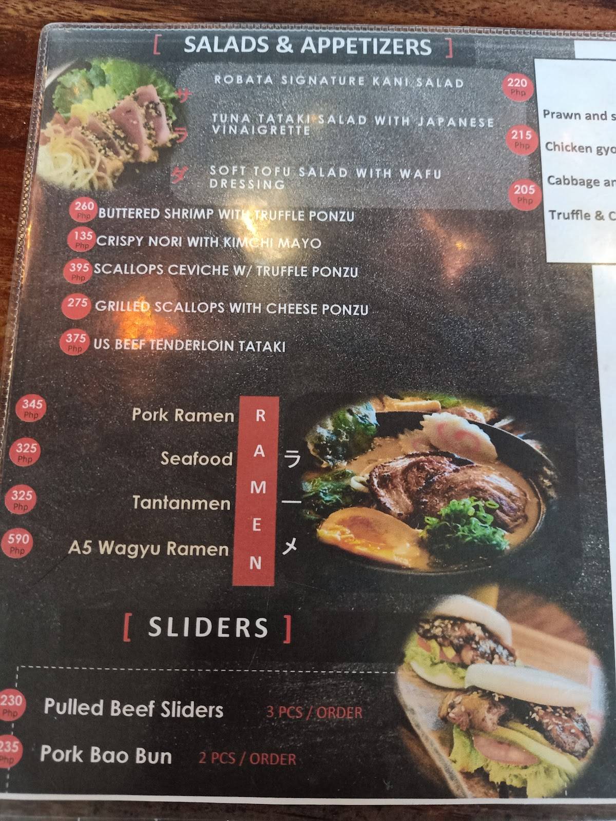 Menu at Robata Davao restaurant, Davao City
