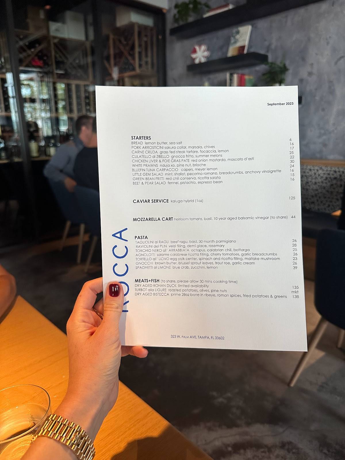 Menu at Rocca restaurant, Tampa
