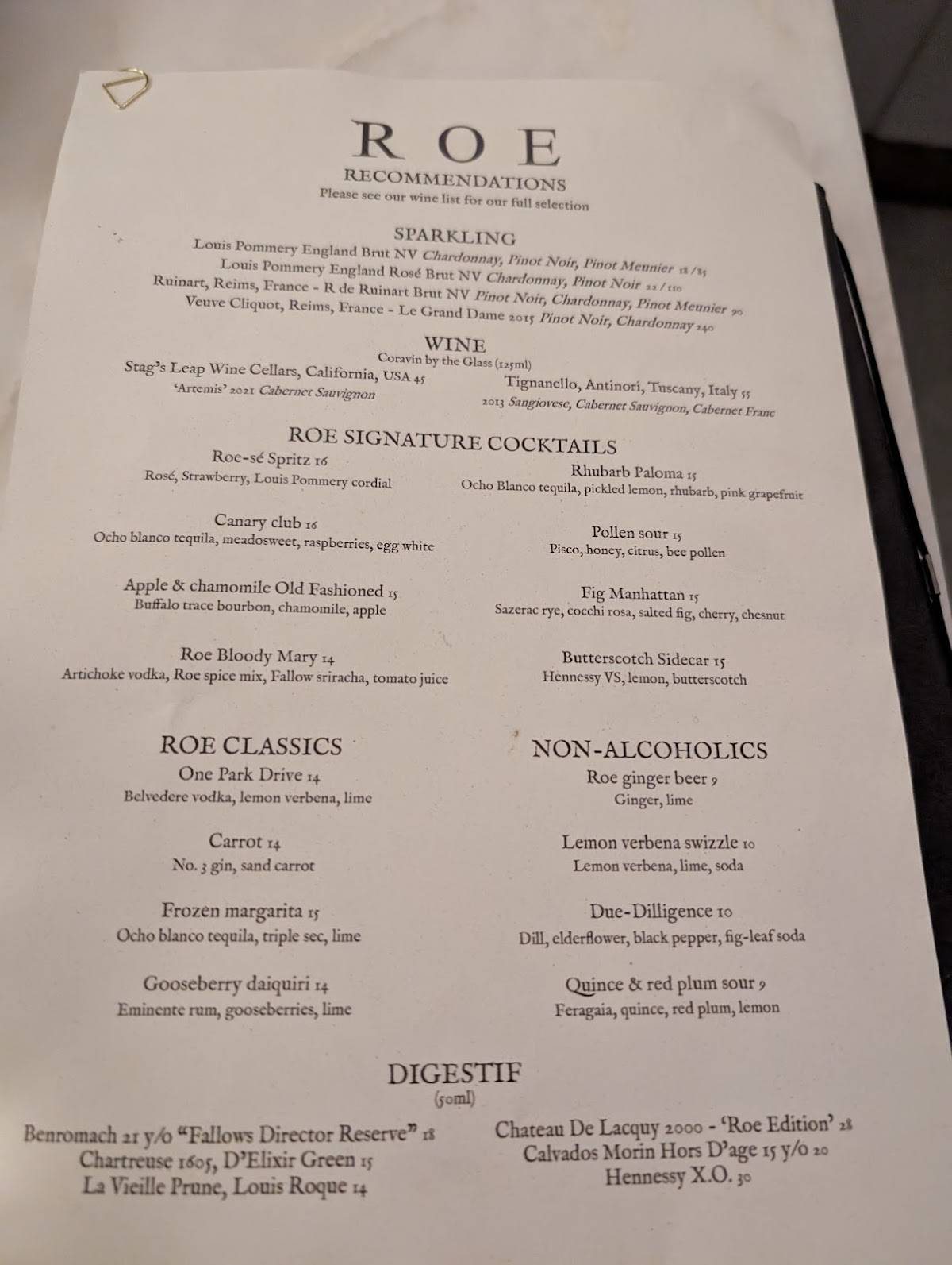 Menu at Roe - Canary Wharf restaurant, London, 5 Park Dr