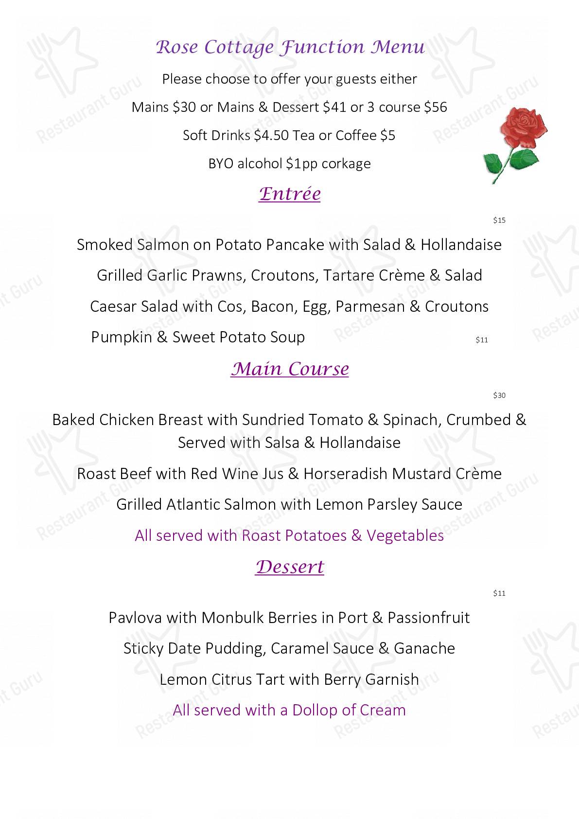 Menu at Rose Cottage Restaurant, Monbulk