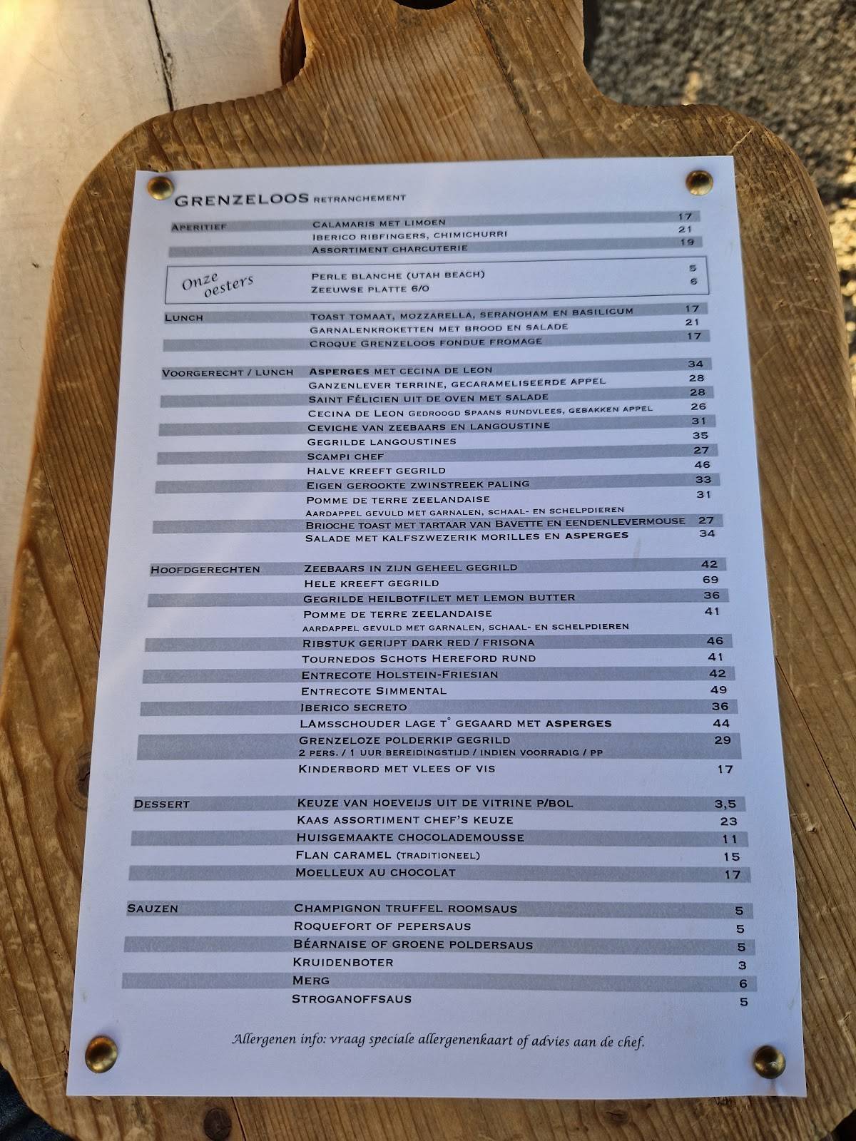 Menu at Restaurant Rotisserie Grenzeloos, Retranchement