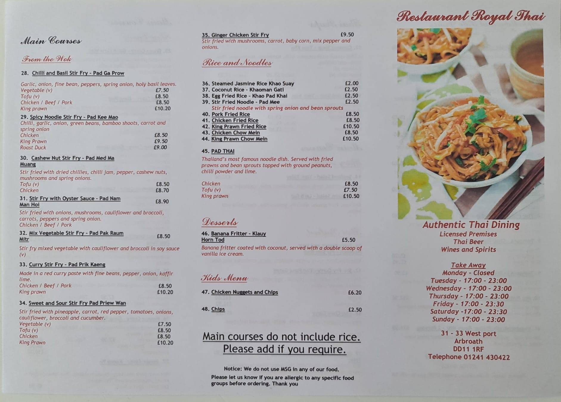 Menu at Restaurant Royal Thai, Arbroath