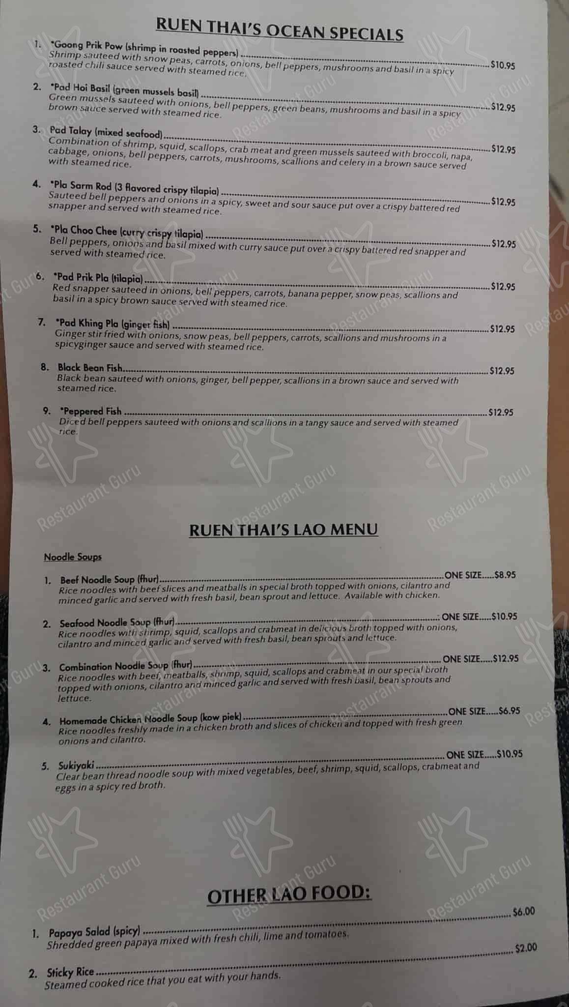 Menu at Ruen Thai restaurant, Cornelia