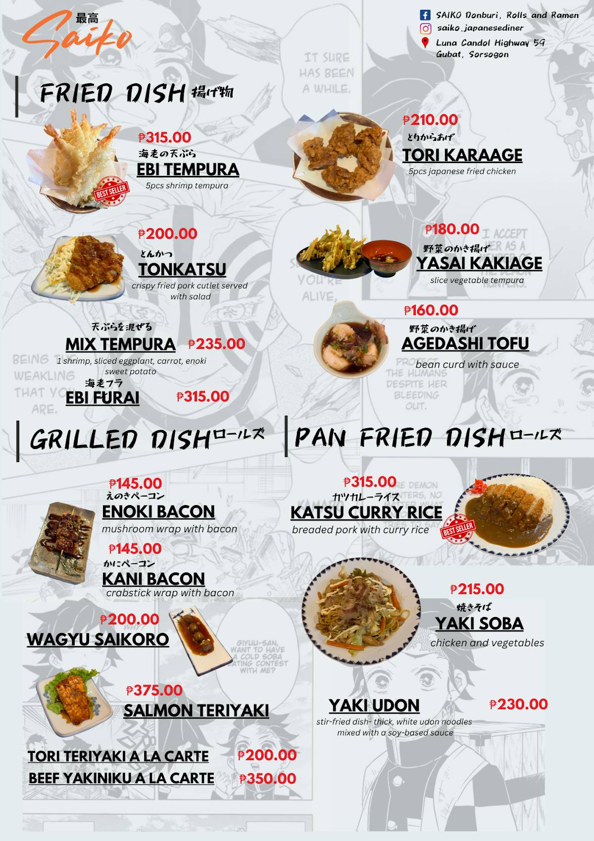 Menu at SAIKO Donburi, Rolls & Ramen restaurant, Gubat