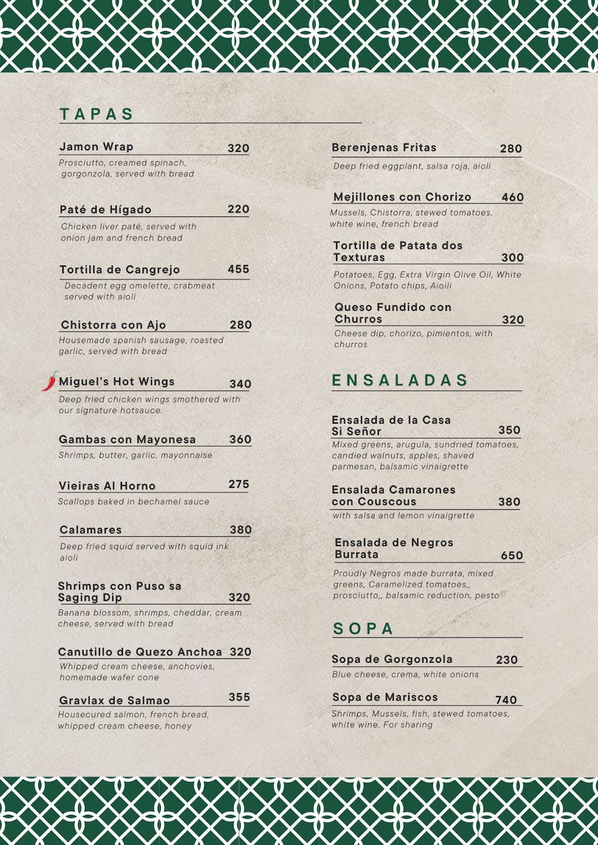 Menu at SI, SEÑOR restaurant, Dumaguete