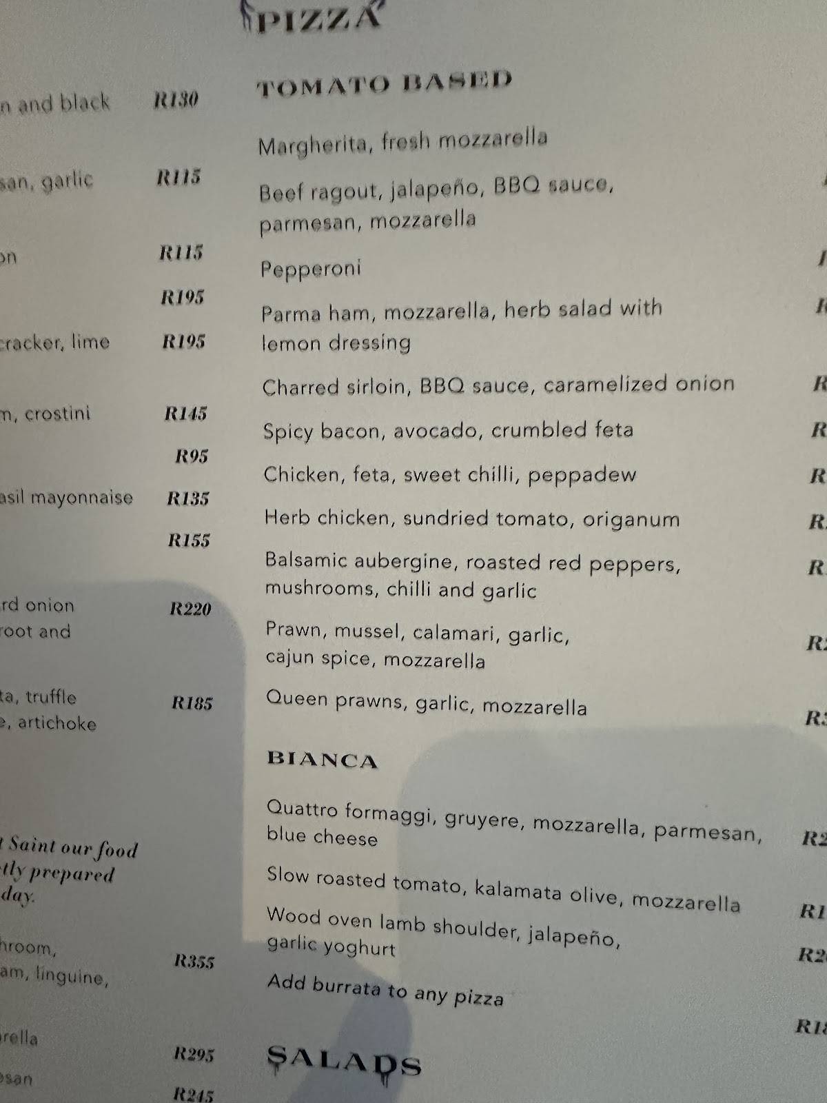 Menu at Saint Restaurant, Sandton