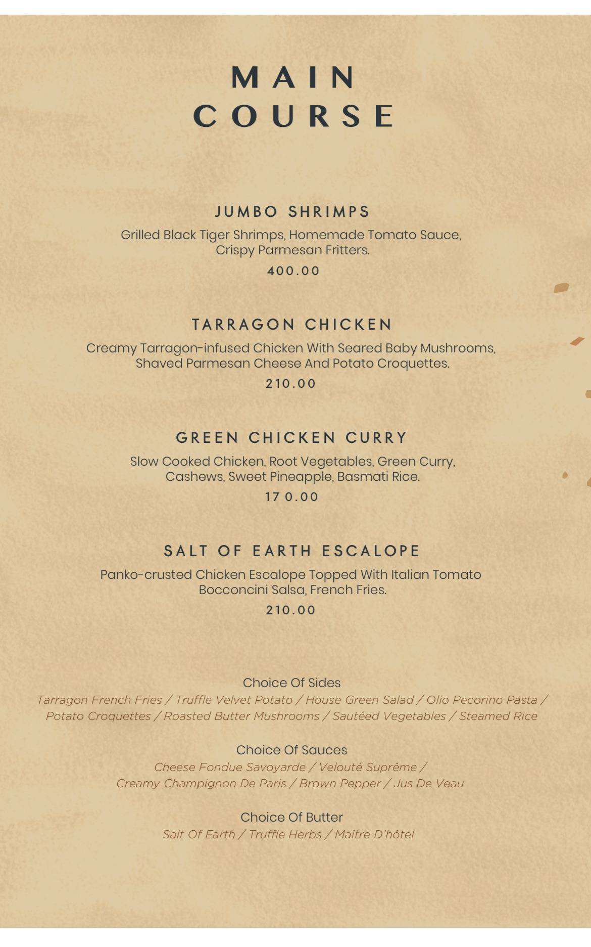 Menu at Salt of Earth restaurant, New Cairo City