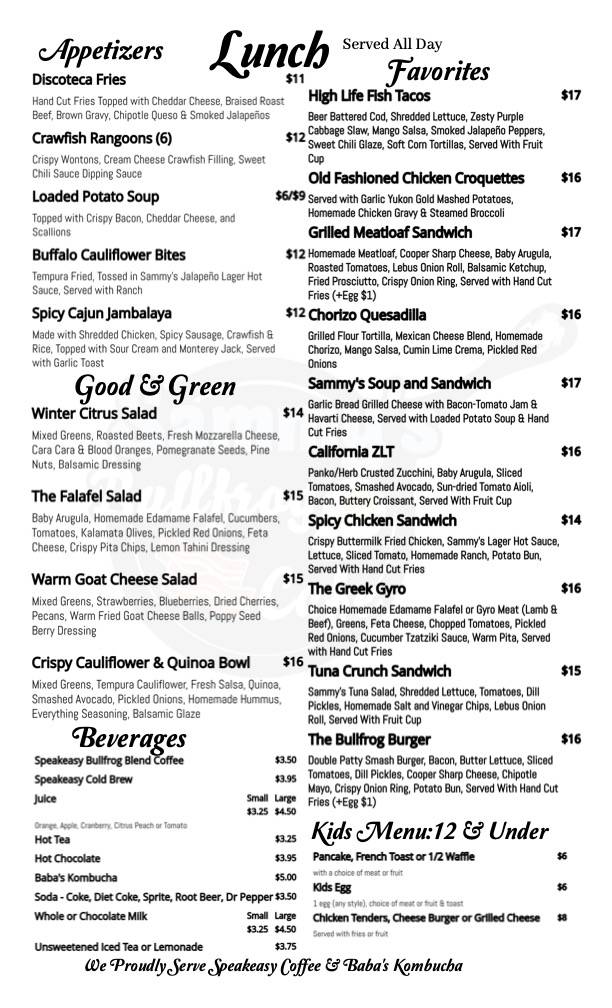 Menu at Sammy’s Bullfrog Cafe, Harleysville