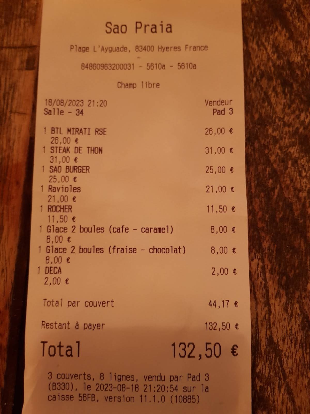 Menu au São Praia restaurant, Hyères