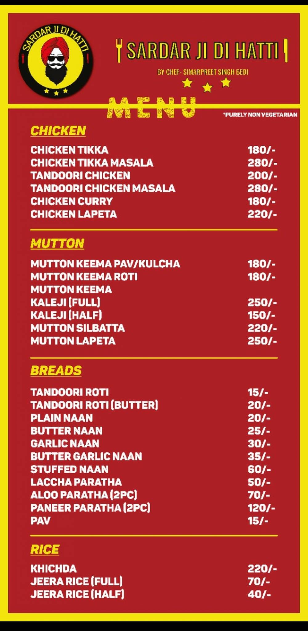 Menu at SardarJi Di Hatti, Bhopal