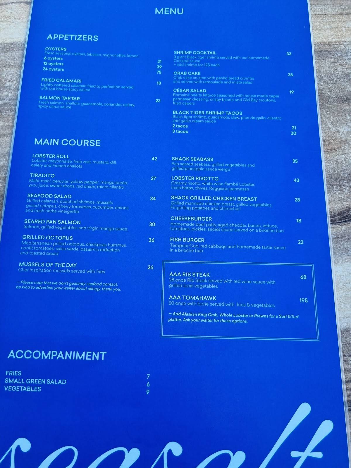Menu at Seasalt restaurant, Montréal