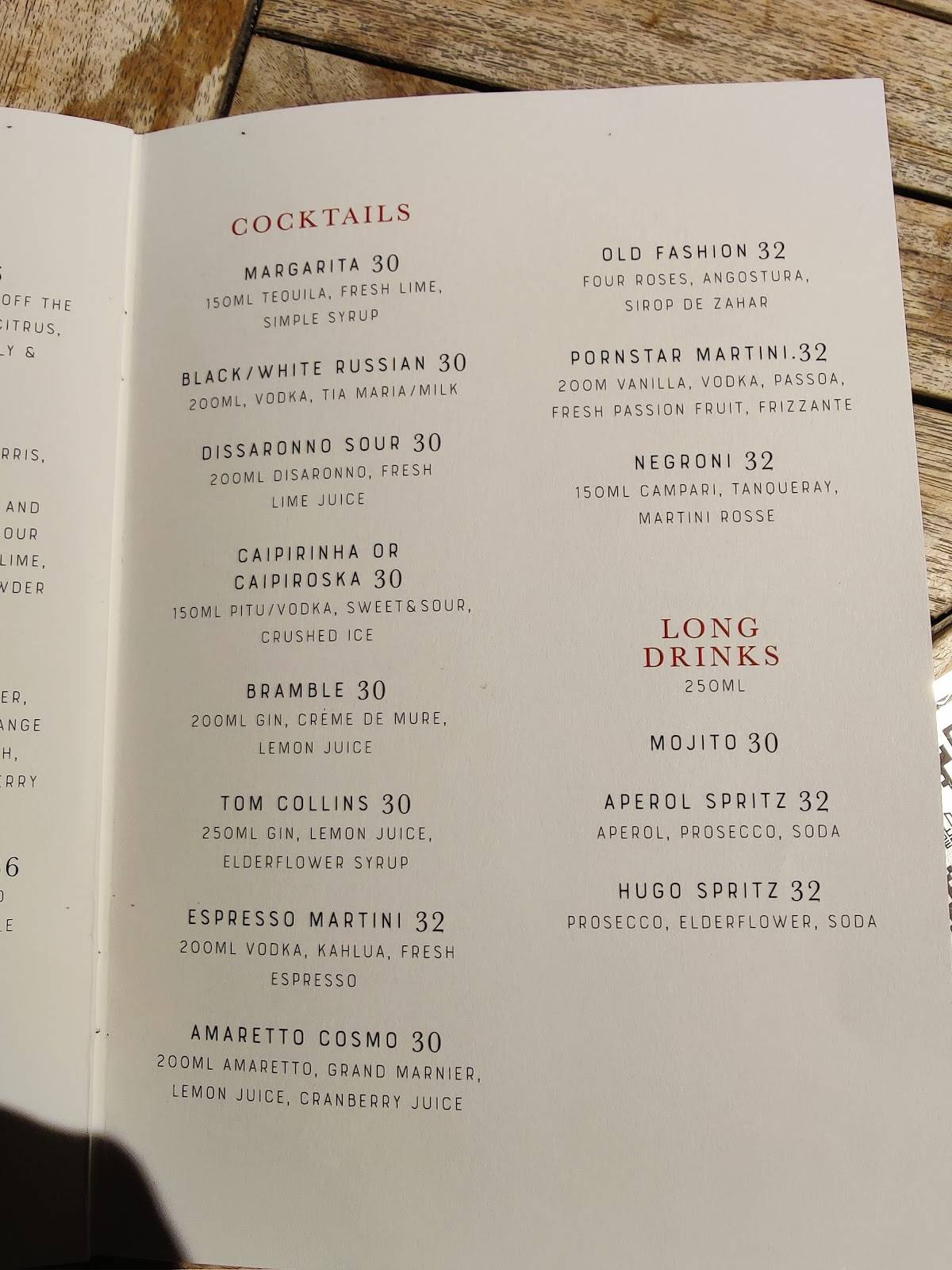 Menu at Sera Eden, Bucharest