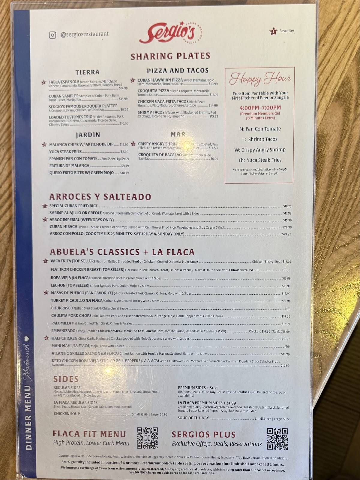 Menu at Sergio's Restaurant, Miami, NW 87th Ave