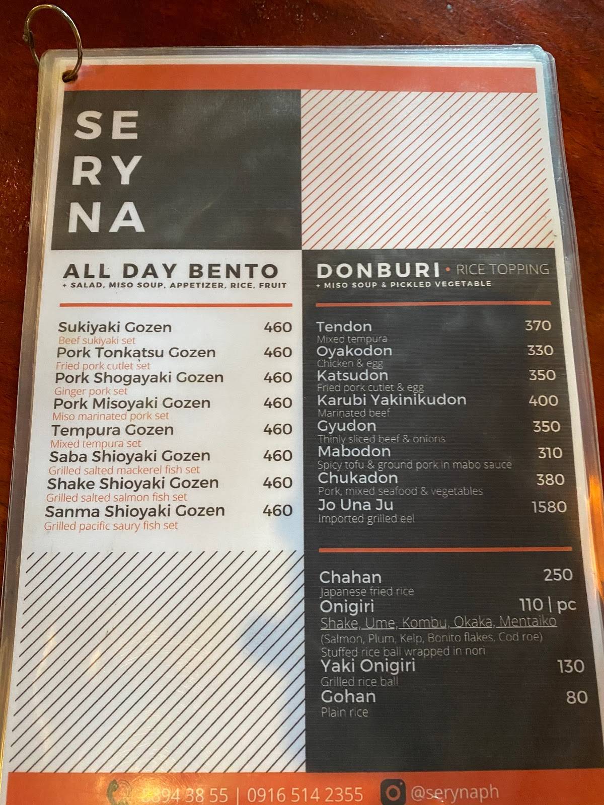 Menu at Seryna Japanese Restaurant, Makati, Chino Roces Ave