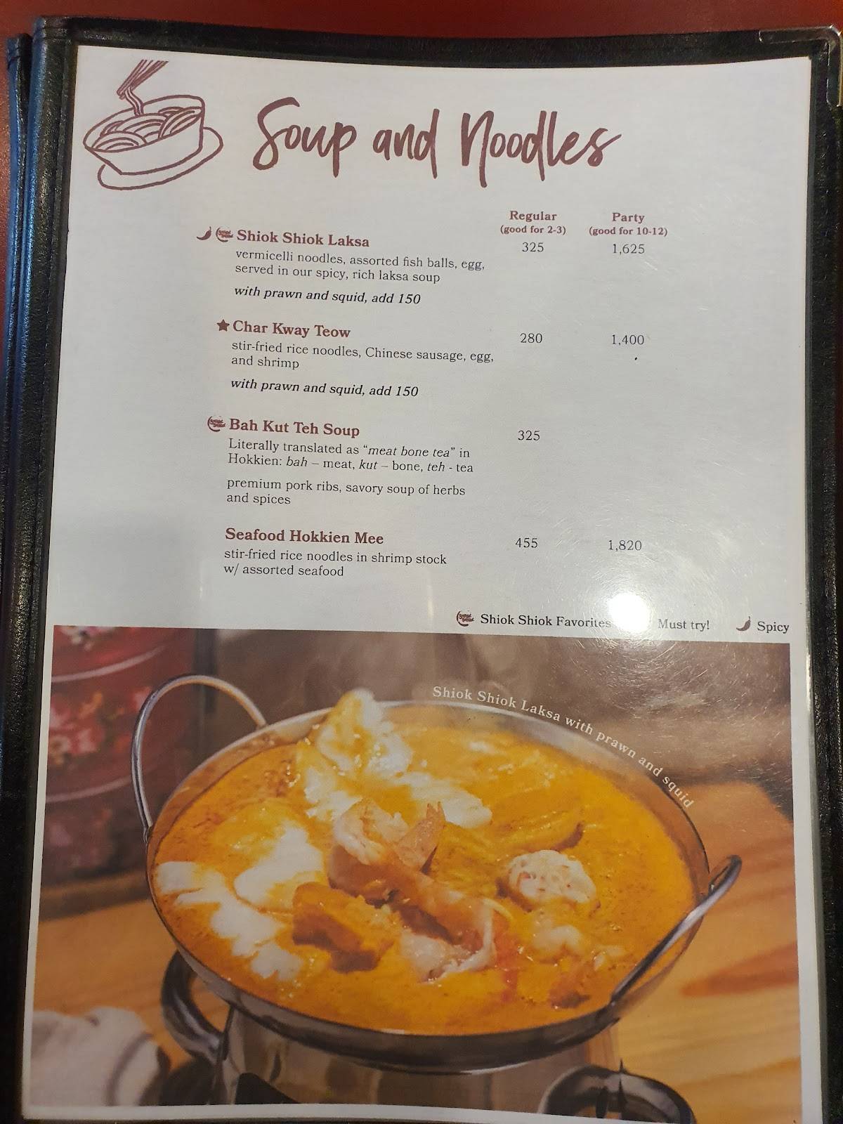 Menu at Shiok Shiok Singaporean Restaurant, Quezon City