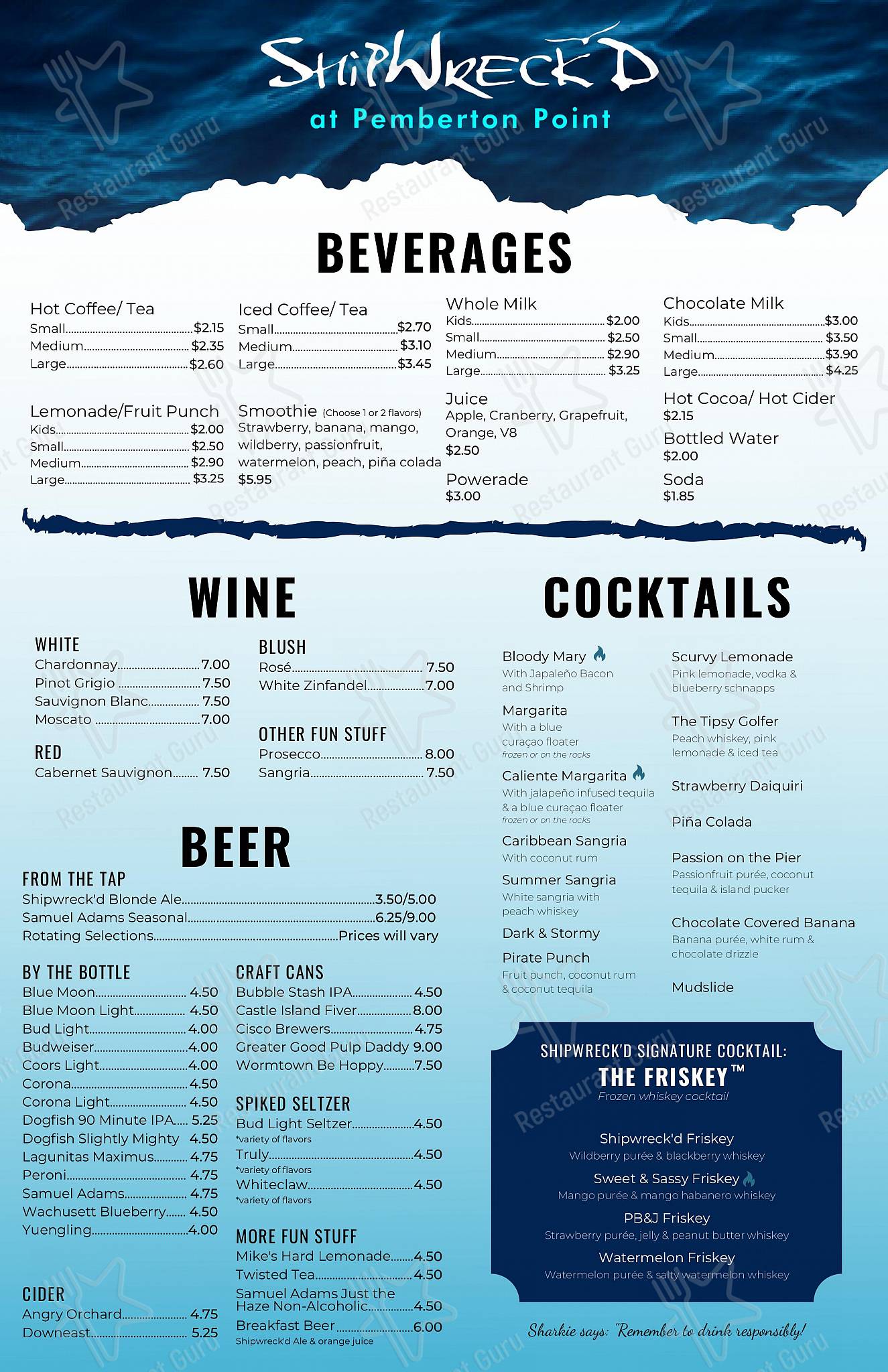 Menu at Shipwreck’d at the Nauti Dog pub & bar, Hull