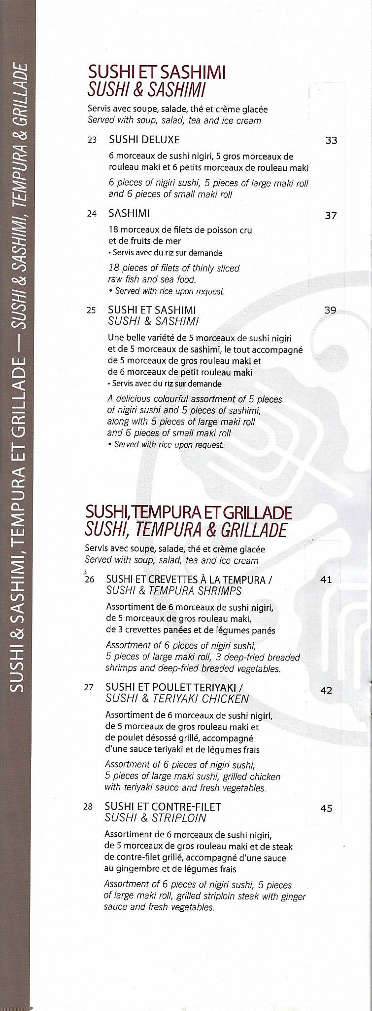 Menu at Shogun restaurant, Brossard