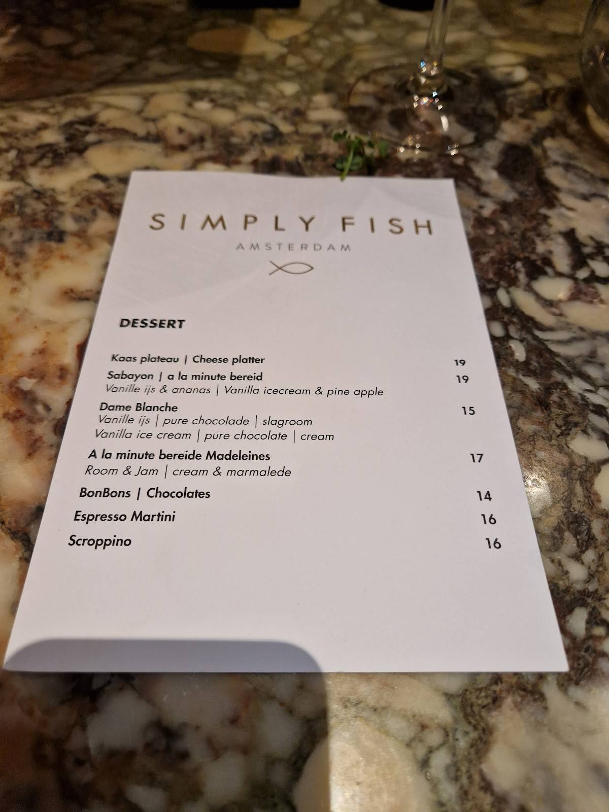 Menu at Simply Fish, Amsterdam