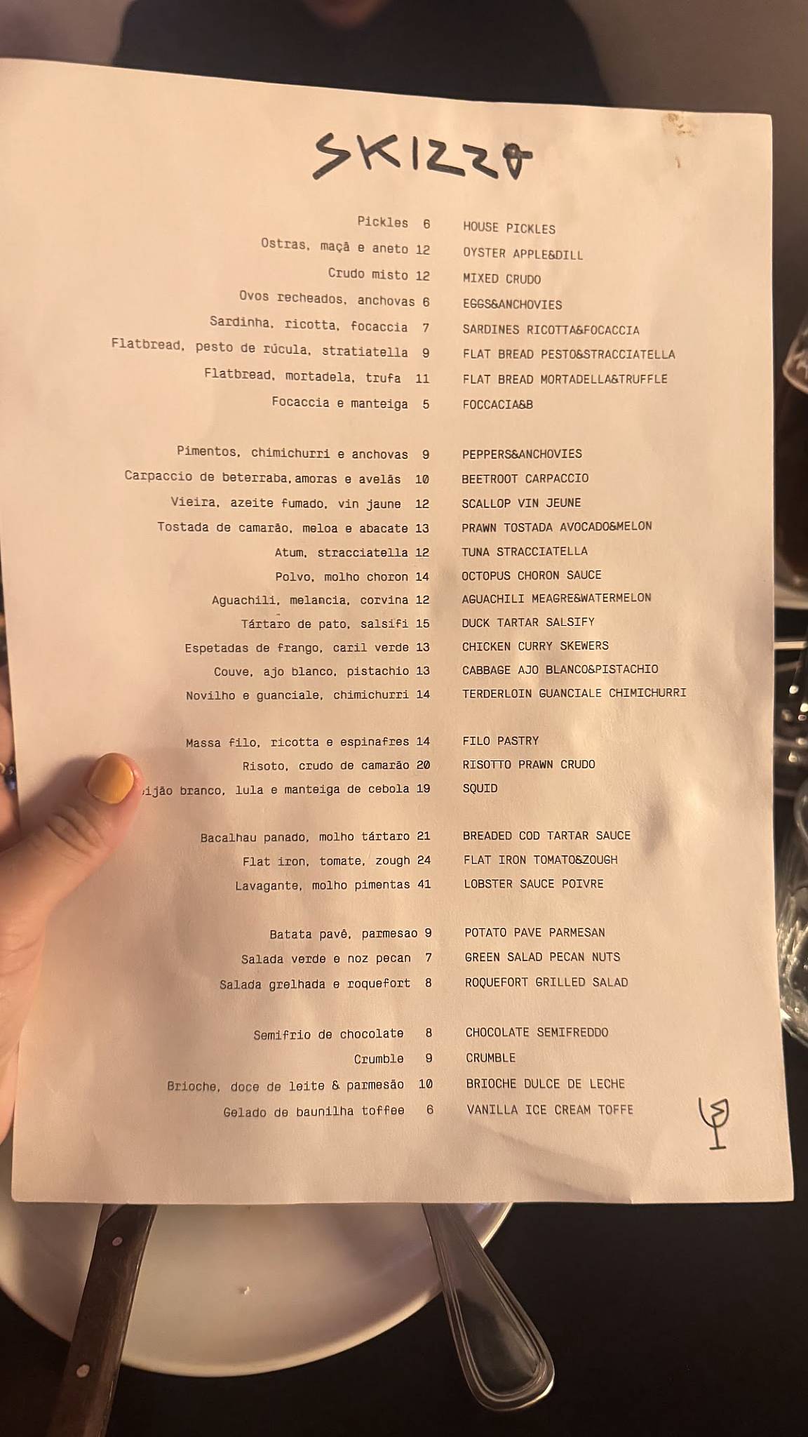 Menu em Skizzo restaurante, Lisboa