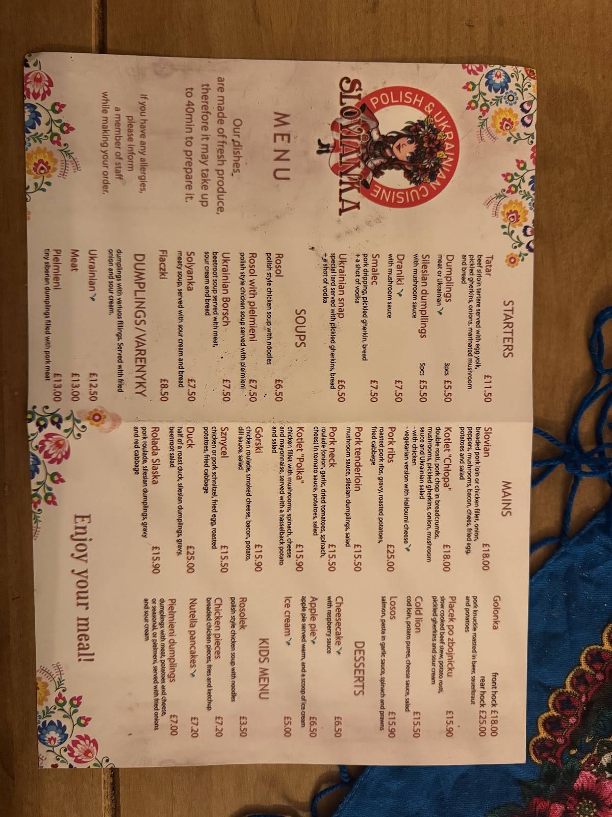 Menu at Slovianka Polish & Ukrainian cuisine restaurant, Coventry