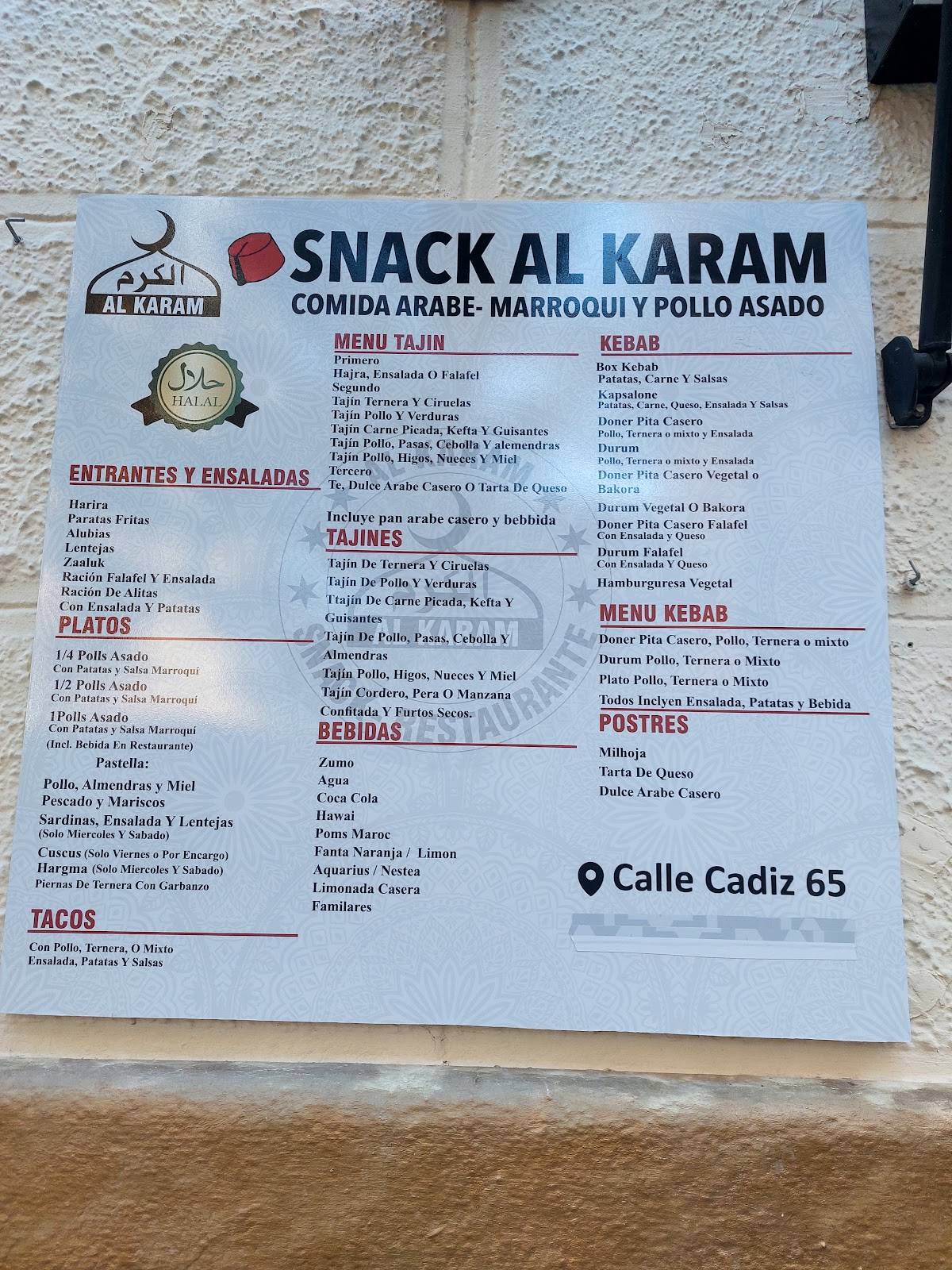 Carta del restaurante Snack Al Karam, Valencia