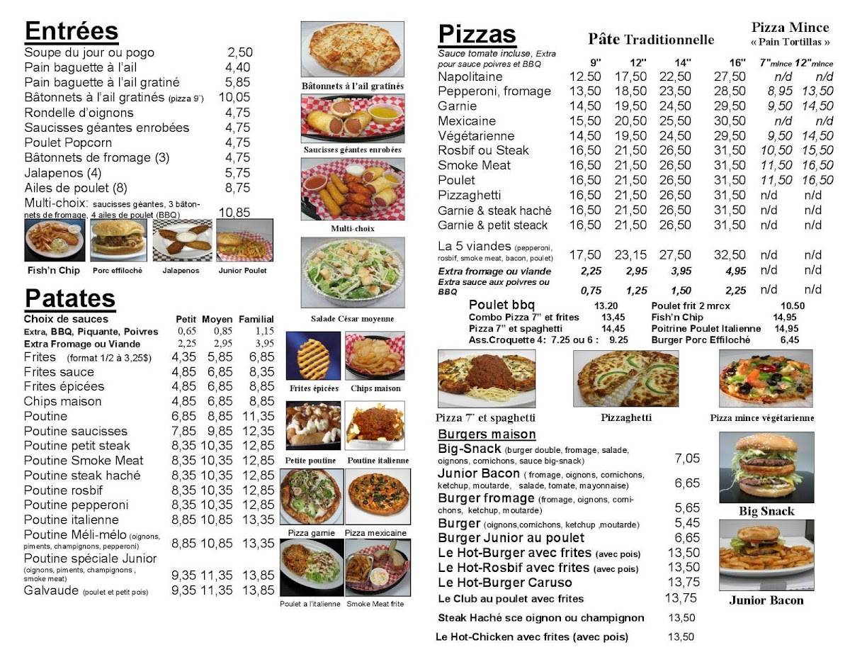 Menu au Snack chez Junior 2013 inc restaurant, Sept-Iles