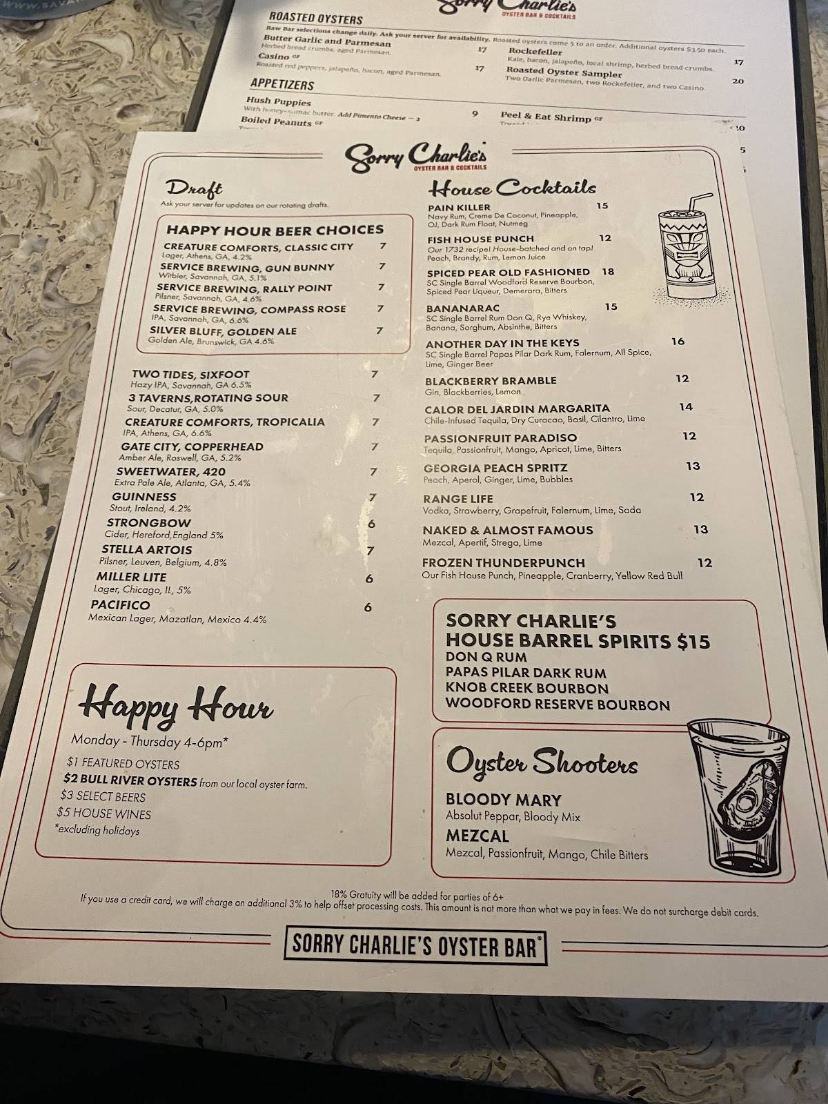 Menu at Sorry Charlie's Oyster Bar, Savannah