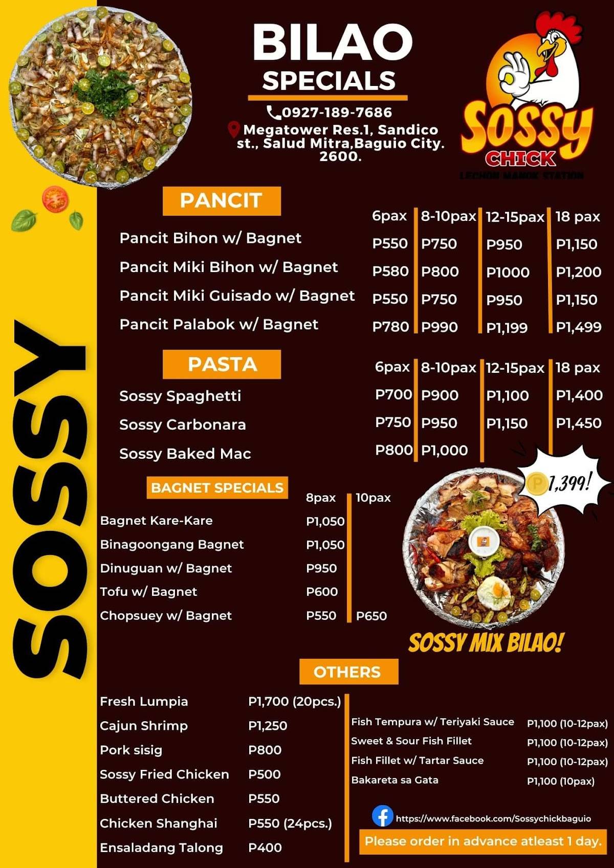Menu at SossyChick Lechon Manok Baguio restaurant, Baguio