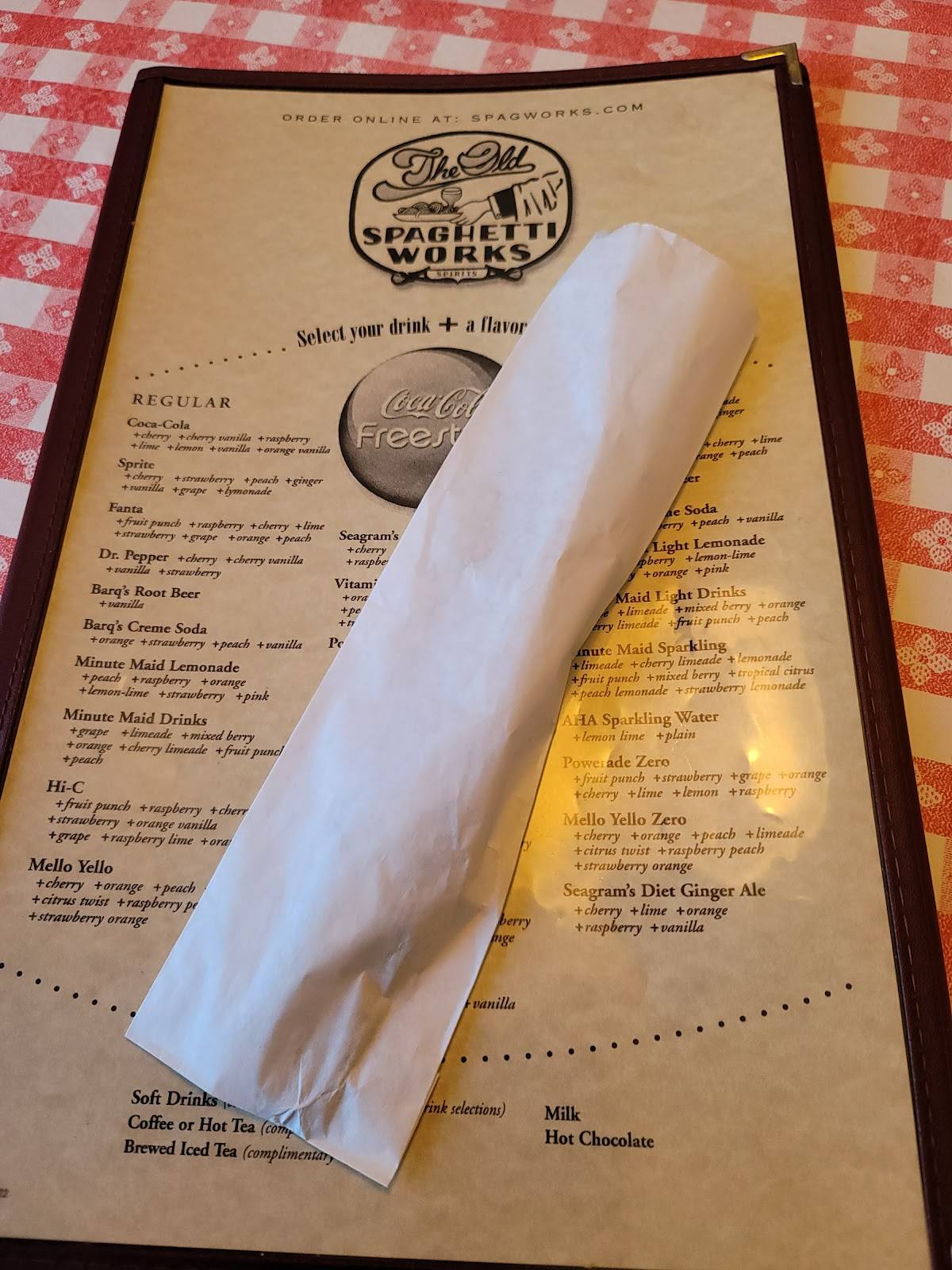 Menu at Spaghetti Works restaurant, Ralston, Park Dr