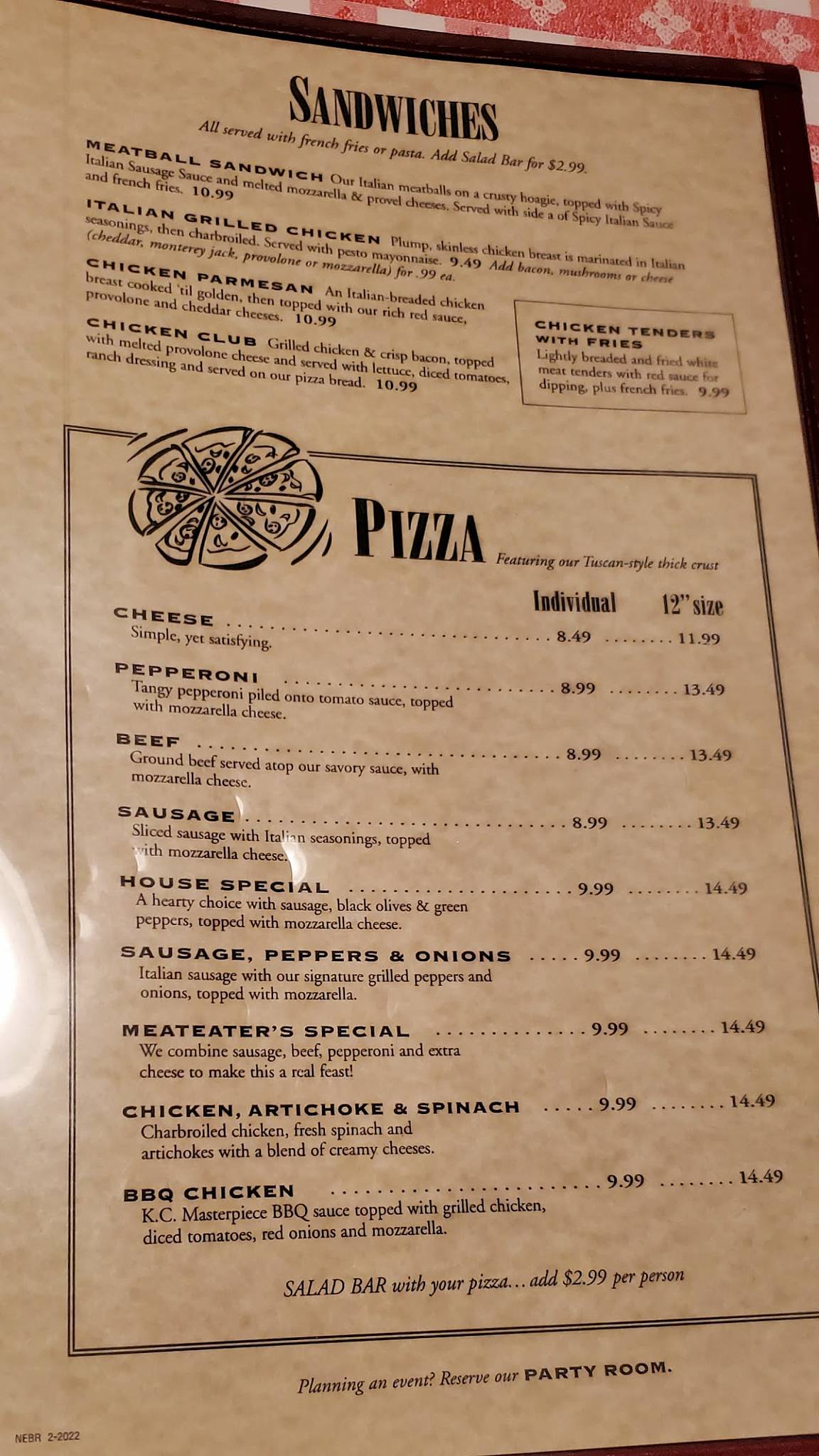 Menu at Spaghetti Works restaurant, Ralston, Park Dr