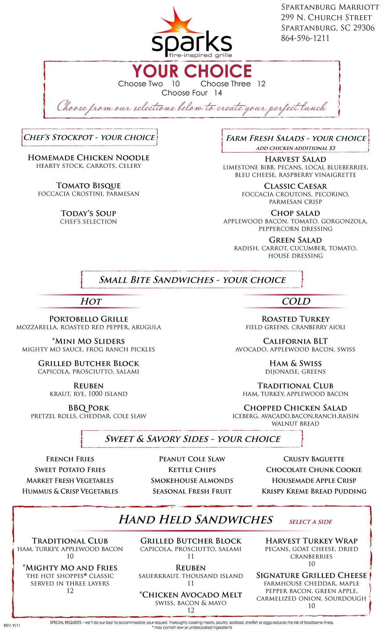 Menu at Sparks restaurant, Spartanburg