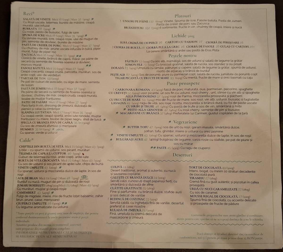 Menu at Sub Tâmpa, Brașov