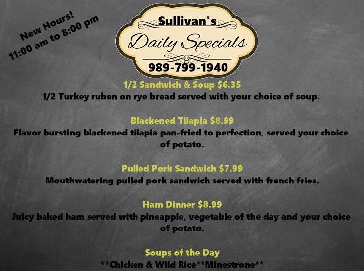 Menu at Sullivan's Food & Spirits restaurant, Saginaw