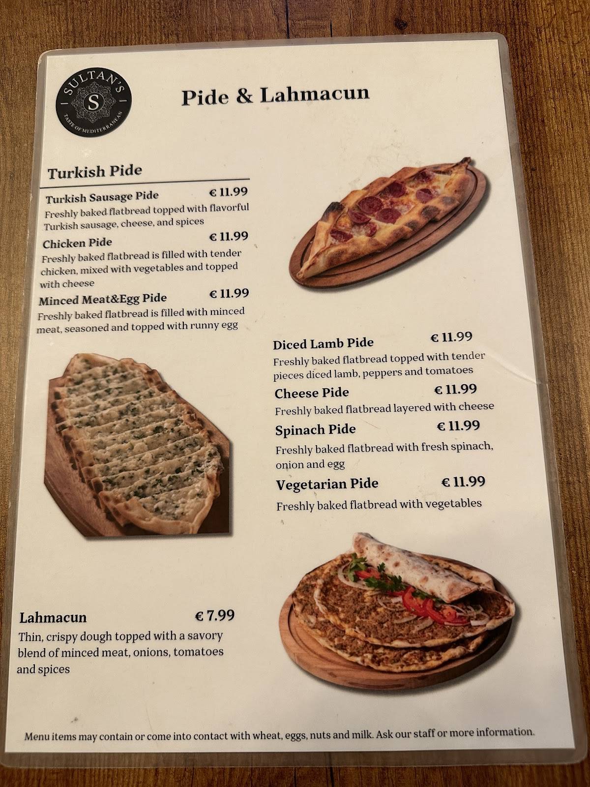 Menu at Sultan's Grill restaurant, Dublin