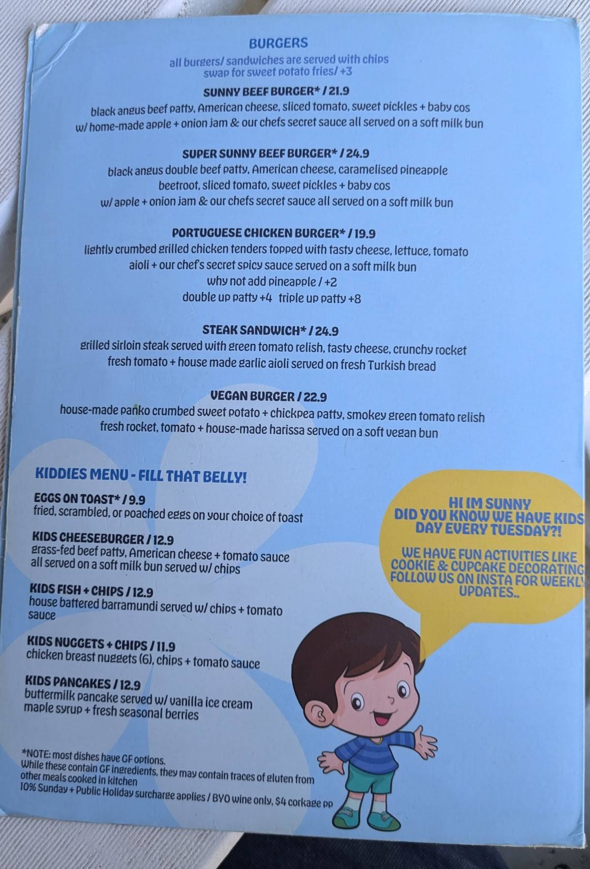 Menu at Sunny Side restaurant, West Pennant Hills