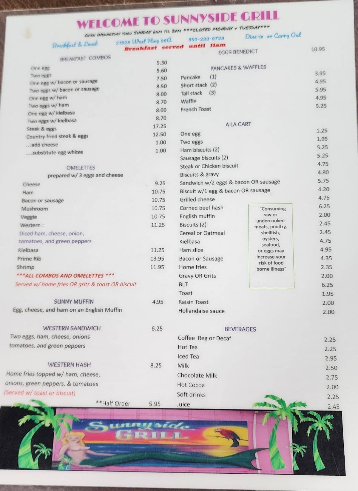 Menu at Sunnyside Grill restaurant, Panama City Beach