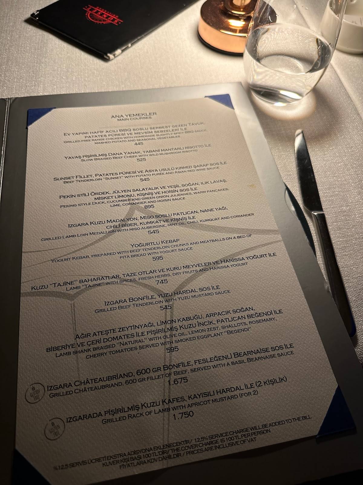 Menu at Sunset Grill & Bar, Istanbul, Kuruçeşme Mahallesi Ulus Park