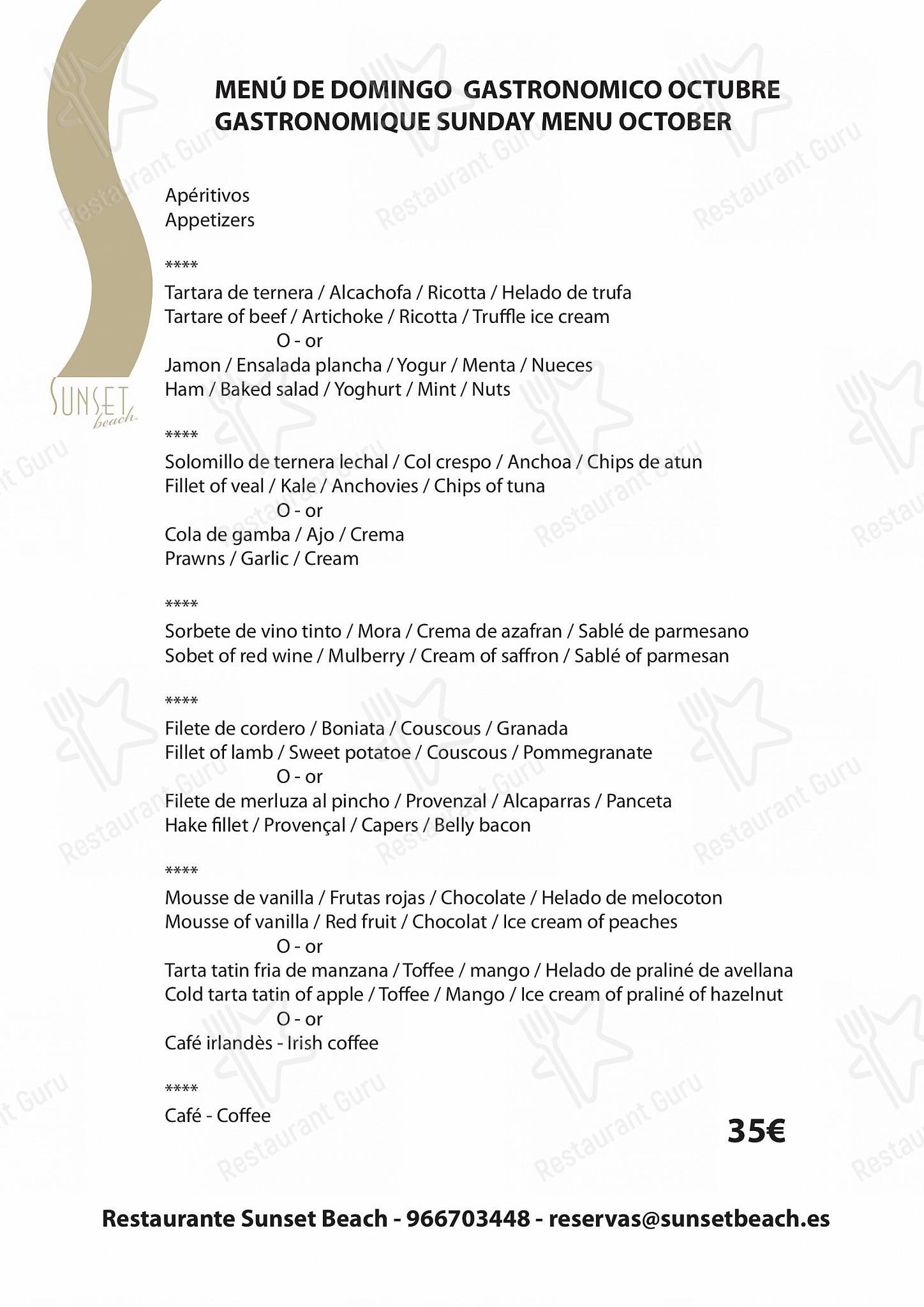 Menu at Restaurante Sunset Beach, Torrevieja