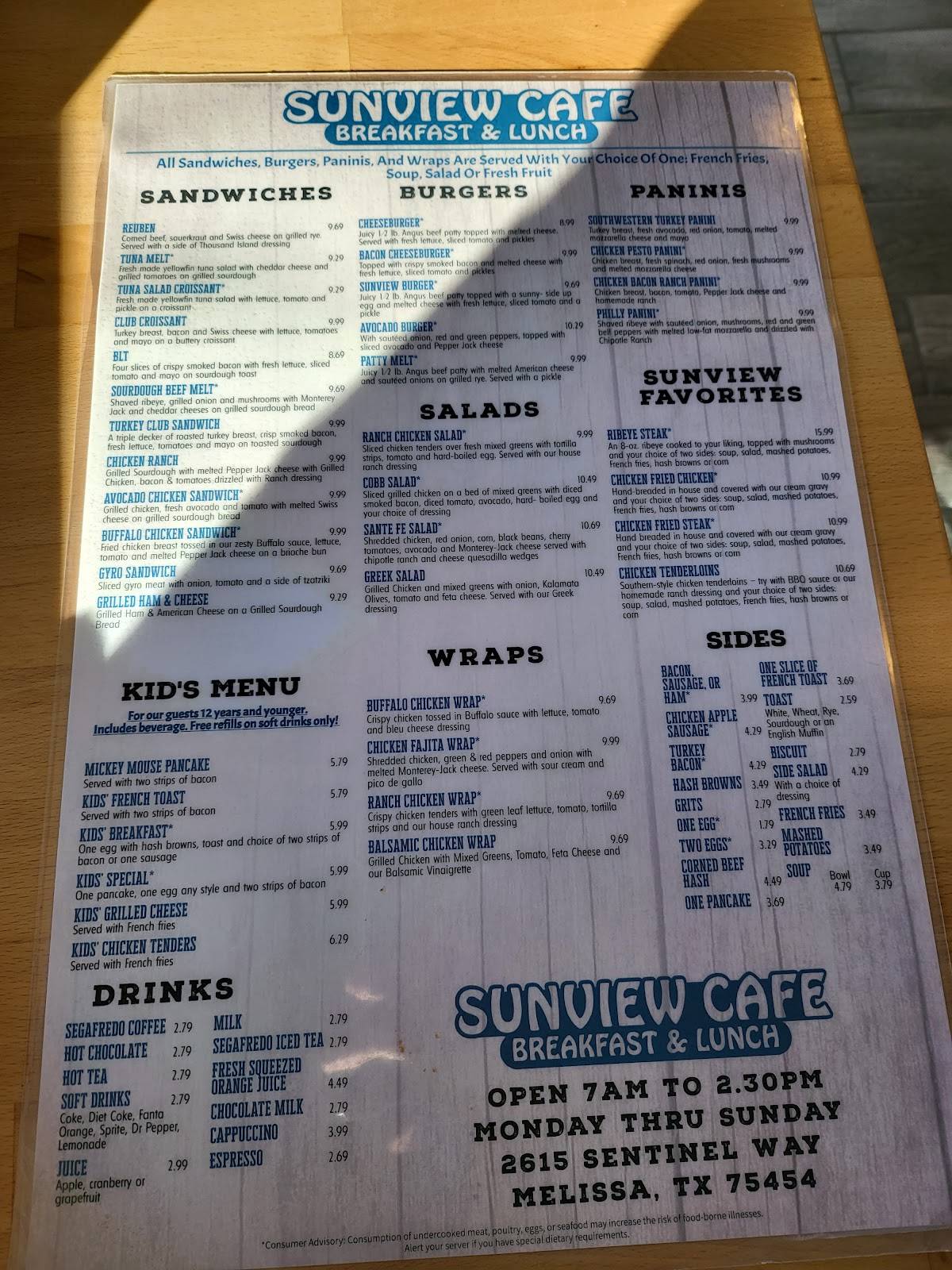 Menu at Sunview Cafe, Melissa