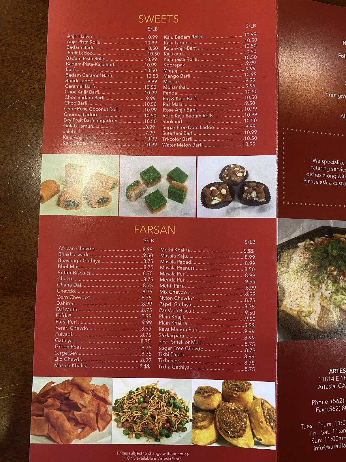 Menu at Surati Farsan Mart restaurant, San Diego