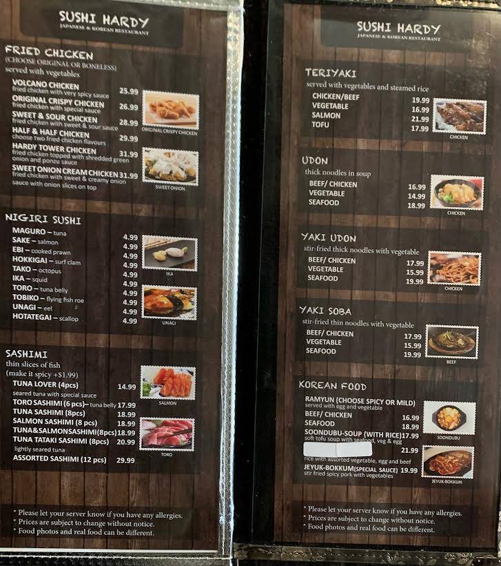 Menu at HARDY SUSHI restaurant, Port Hardy