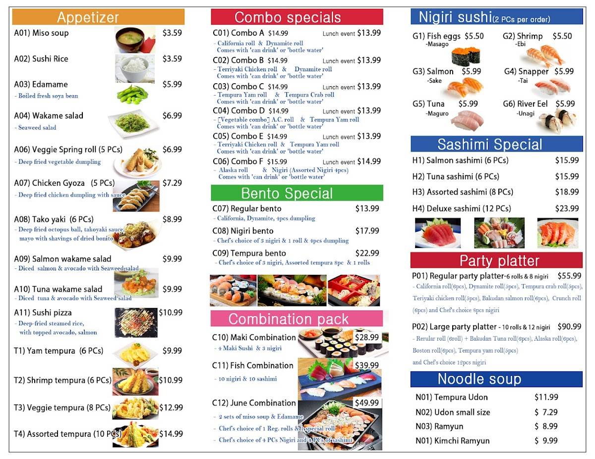 Menu at Sushi June restaurant, Winnipeg