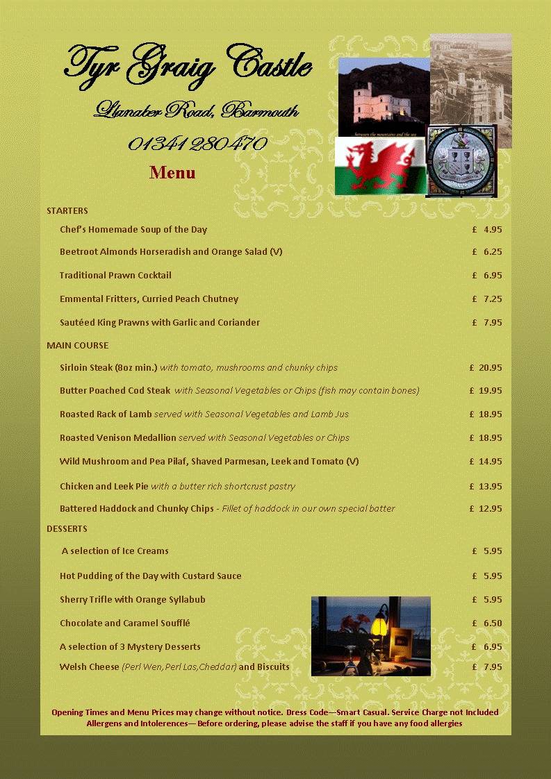 Menu at Tŷ’r Graig Castle restaurant, Barmouth
