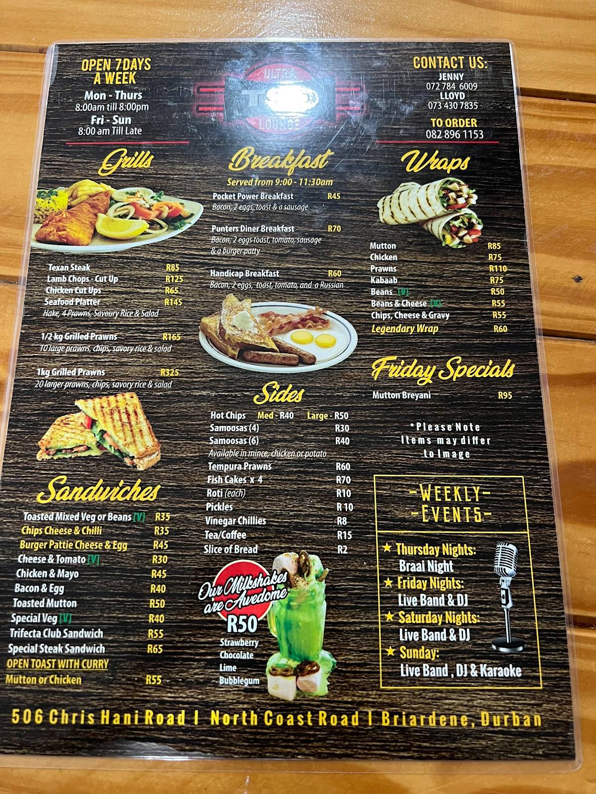 Menu at TSD Ultra LOUNGE restaurant, Durban North