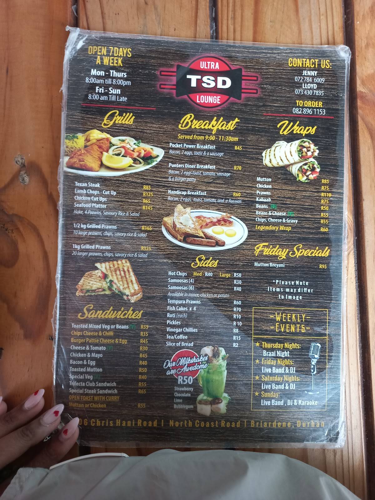 Menu at TSD Ultra LOUNGE restaurant, Durban North