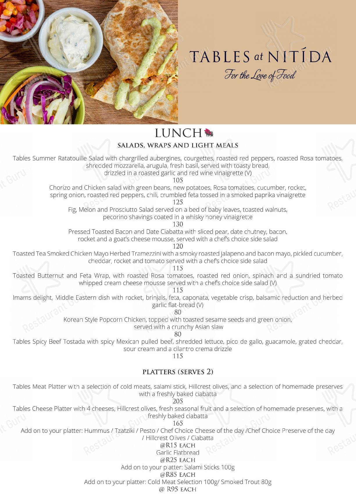Carta de Tables at Nitida Restaurant, Ciudad del Cabo