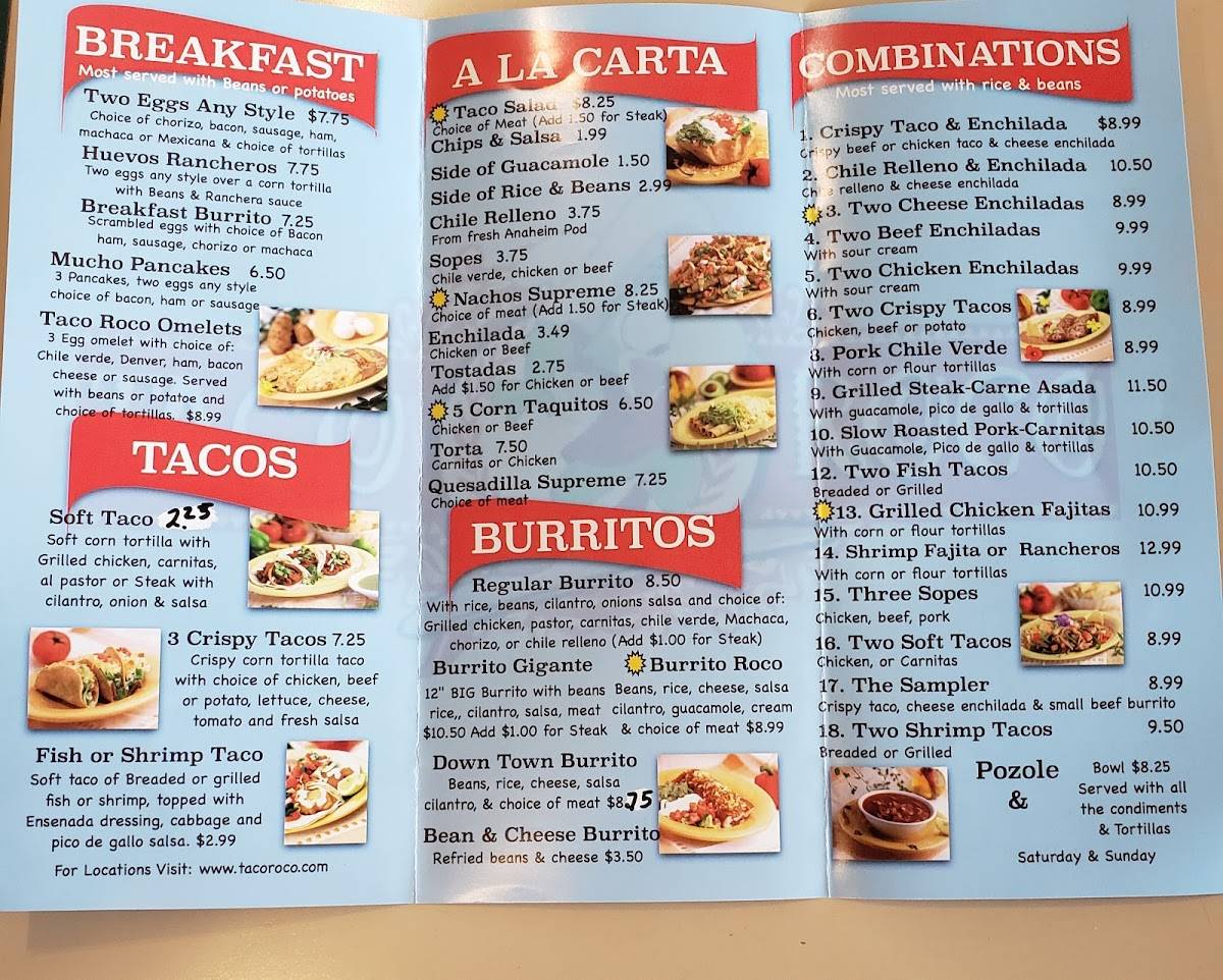 Menu at Taco Roco restaurant, Buellton, 245 Ave of Flags