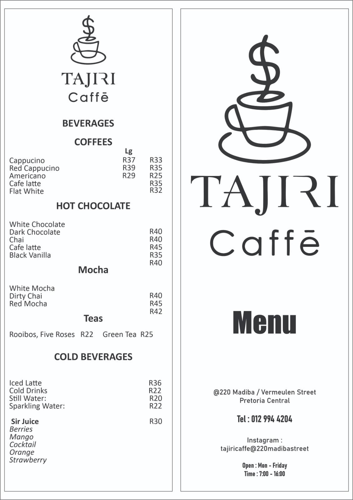 Menu at Tajiri Caffe restaurant, Pretoria
